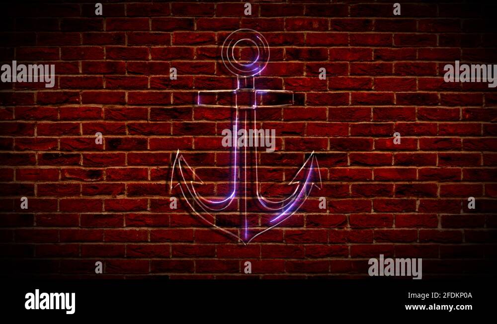 Neon anchor in a rope frame. Blue anchor in red frame on a wall ...