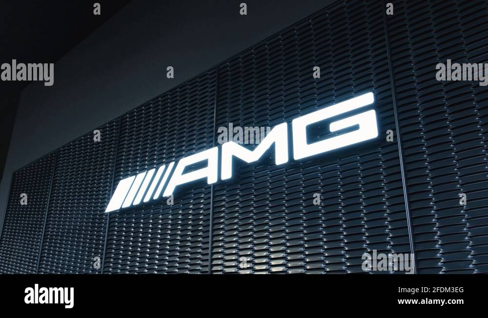AMG logo at dealer showroom. Mercedes-AMG GmbH, commonly known as AMG ...
