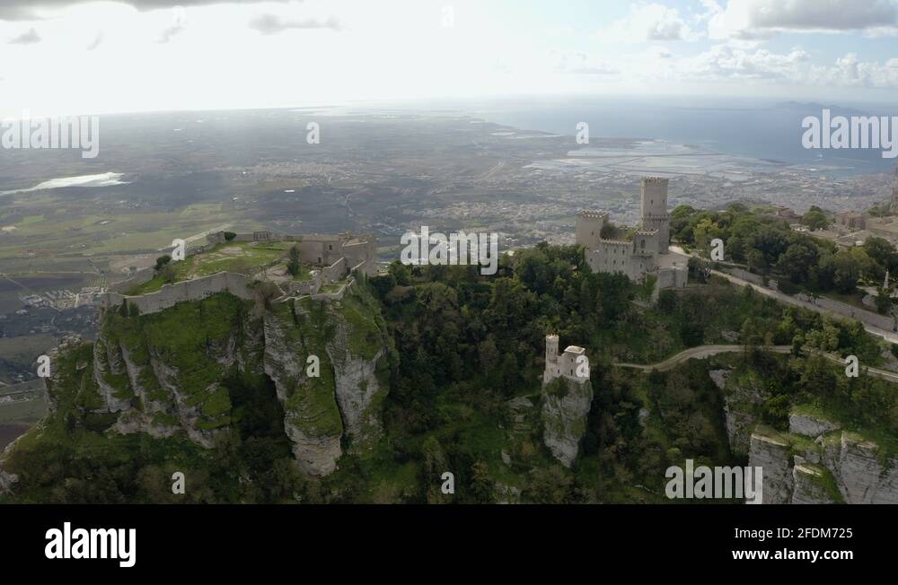 AERIAL: Castello di Venere, Mount Erice, High-Angle and Panoramic View ...