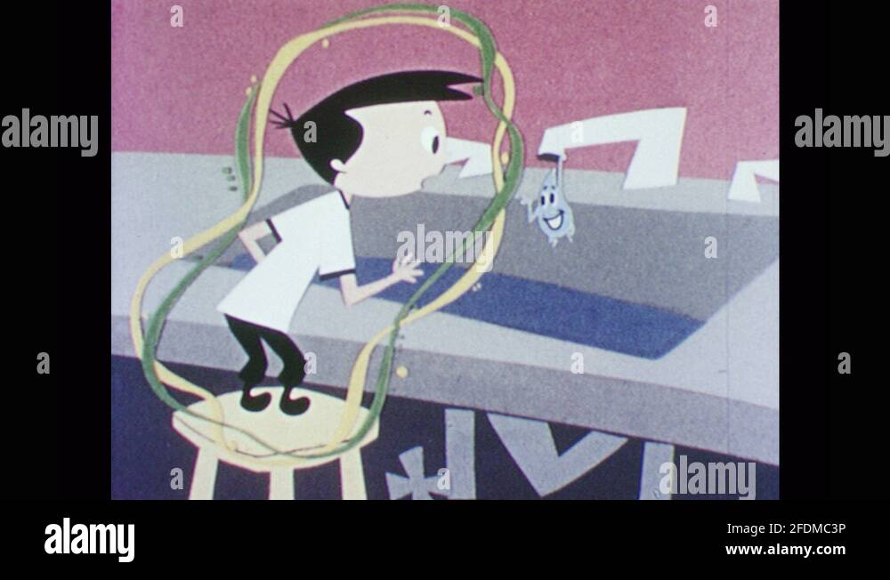 1950s: Animated drop of water shrinks boy at kitchen sink. Boy and ...