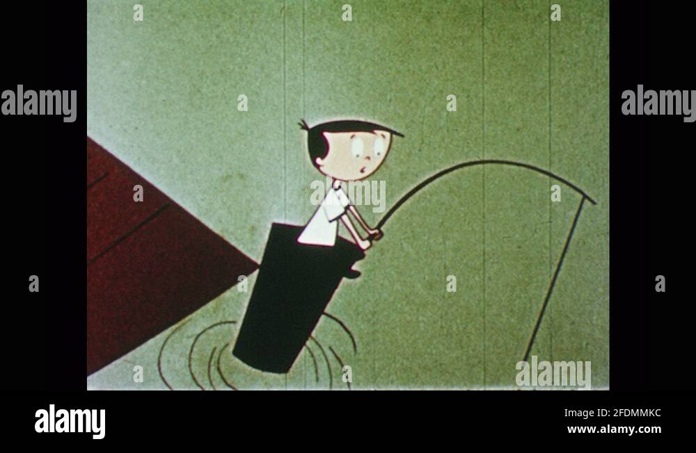 1950s: Animated boy fishes from dock. Boy catches dirty boot with ...