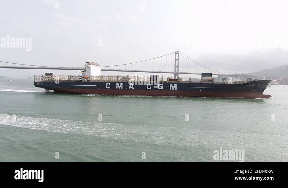 CMA CGM mega Container ship leaving Hong Kong port loaded to the top Stock Video Footage - Alamy