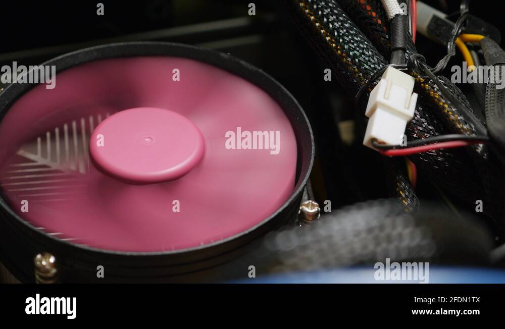 The Pink Processor Cooler On The Motherboard Is Spinning In Computer ...