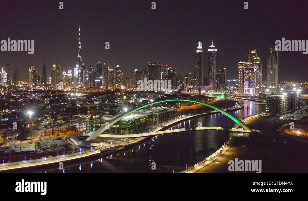 Aerial view of Tolerance bridge and Dubai downtown skyline. Structure ...