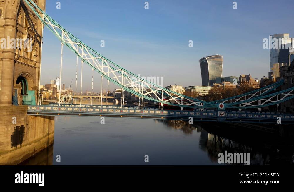 London original Red bus on Tower Bridge with traffic cars, Aerial View ...