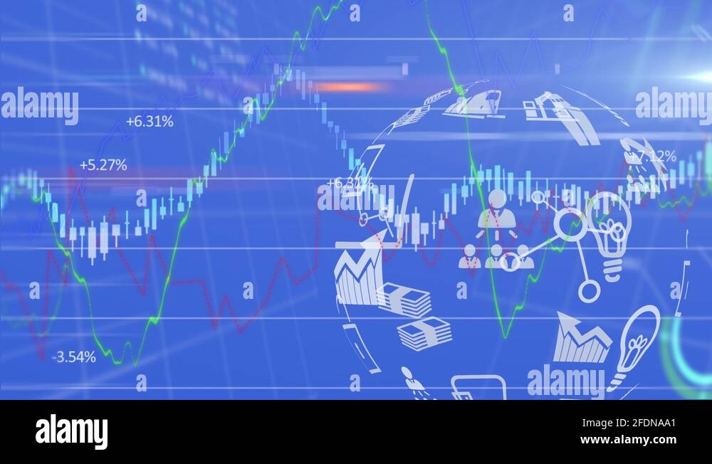 Animation of stock market display with blue stock market numbers and ...