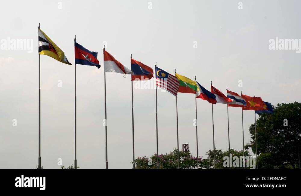 National Flags of the ten ASEAN Countries Blowing In The Wind Stock ...