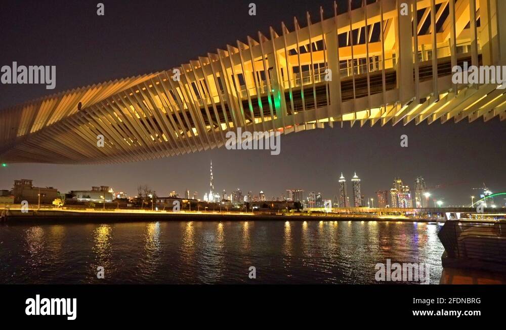 Twisted Bridge. Structure of architecture with lake or river, Dubai ...