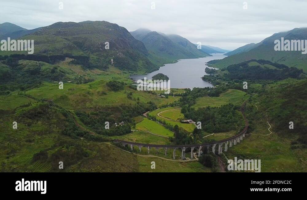 Glenfinnan Viaduct arched train bridge in Scotland Highlands, aerial ...