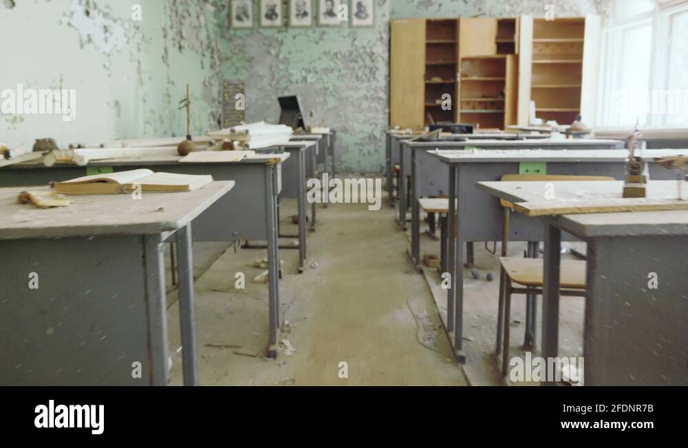 Walking Inside The Abandoned Classroom Full Of Garbage And Rusty Desk ...