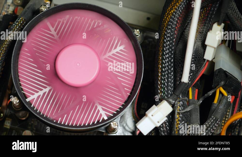 The Pink Processor Cooler On The Motherboard Is Spinning In Computer ...
