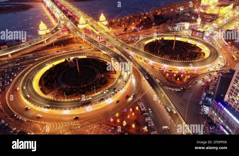 Aerial night view of Harbin, the roundabouts of the expressway Stock ...