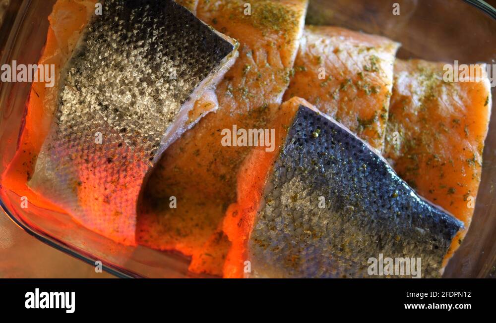 Salmon raw frozen ice cold Fish. Fillet steak ready Cook Tray Top view ...