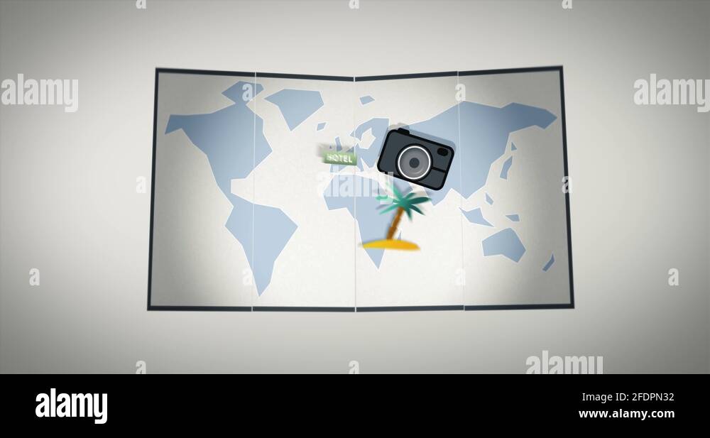 Fold world map with vacation icons popping out. Digital animation on ...