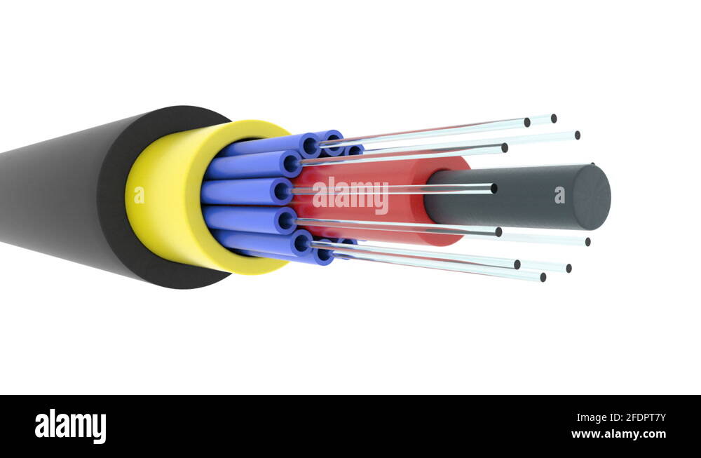 Beautiful animation of color fiber optic cable. Sectional view close up ...