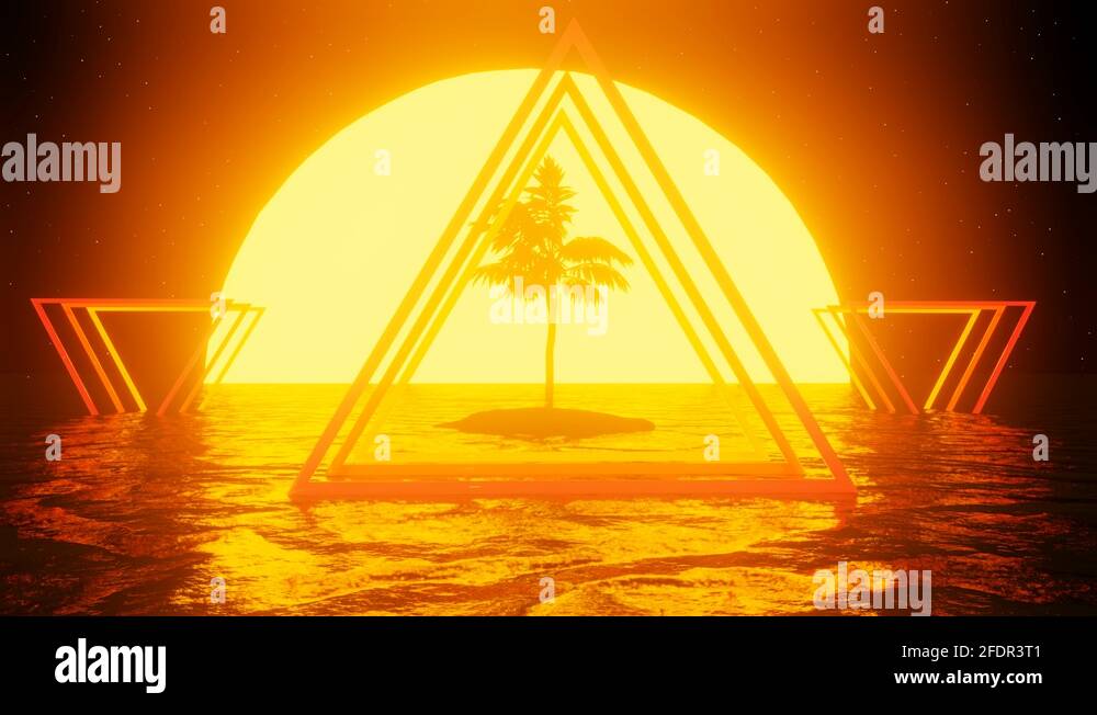 80s style retro scene with palm trees, sunset and water Stock Video ...