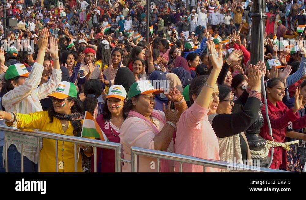 Patriotic Crowd of Indian Women Dancing With National Flags and Hats at ...