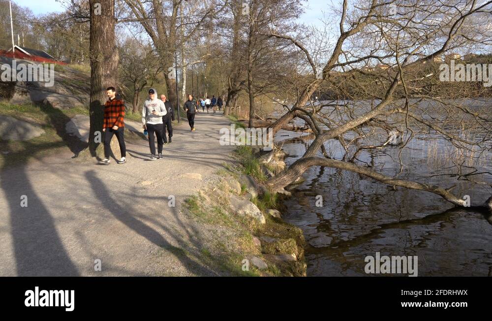 Running away. People walking on the narrow path, Runners and riders ...