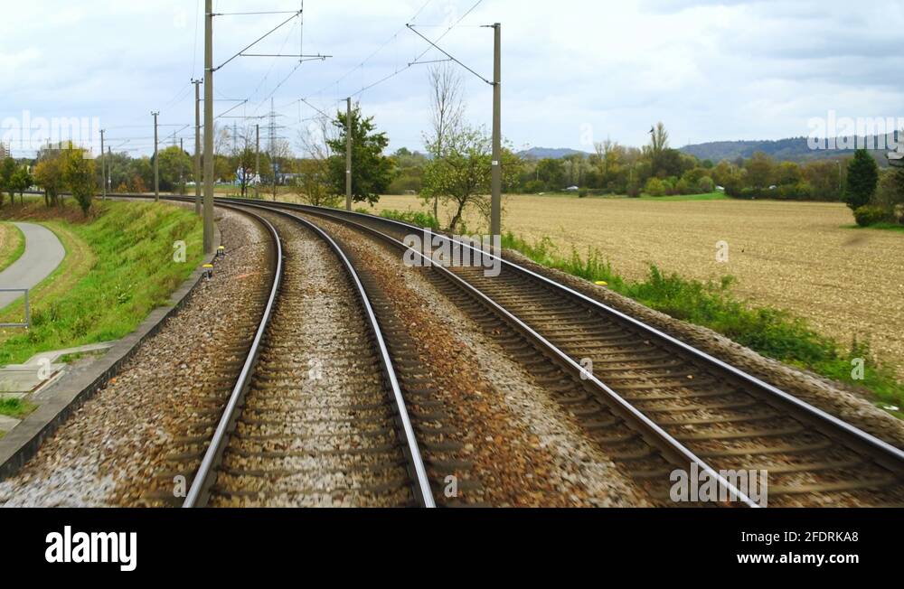 Front window view of S-Bahn running on rail in the suburbs of Baden ...