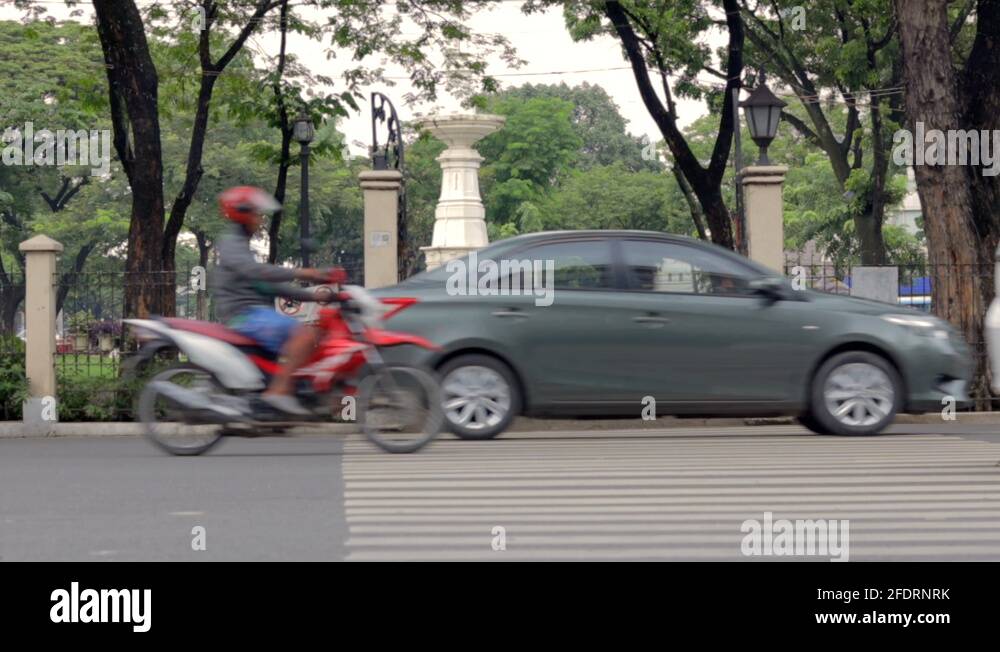 Busy street view with cars passing by at a public park, where people ...