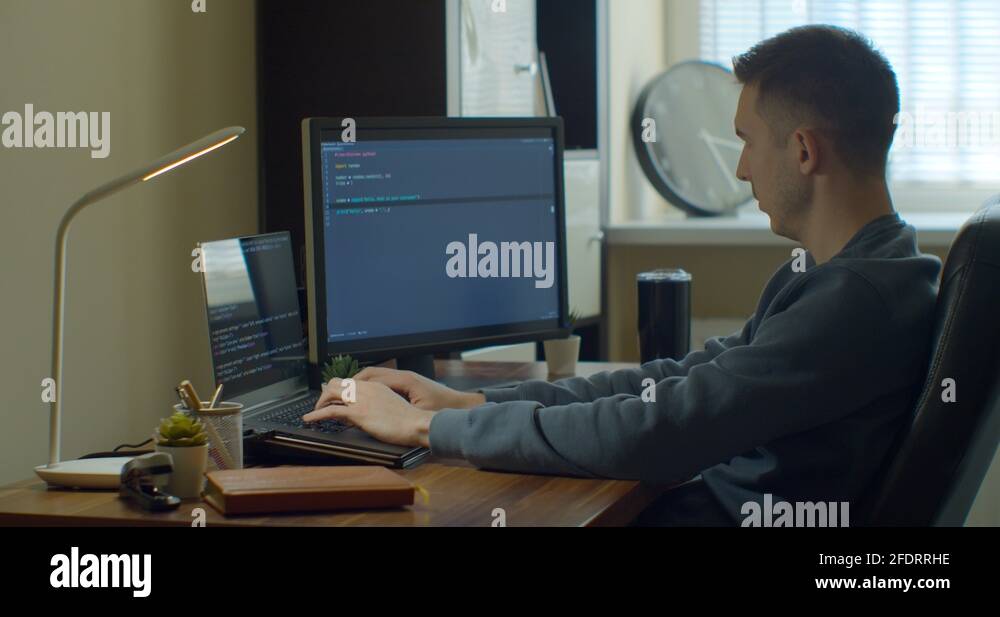 Man Coding Html And Programming On Screen Monitors Development Web Developer Stock Video