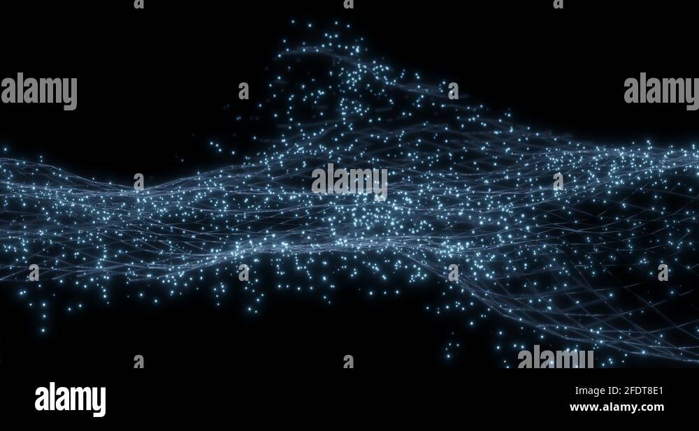 A plexus grid with a stormy wave motion and particles. 3D Rendering in ...
