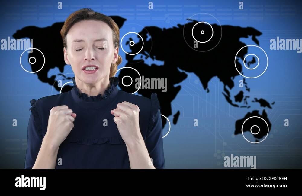 Animation of a Caucasian woman looking angry over a world map with ...