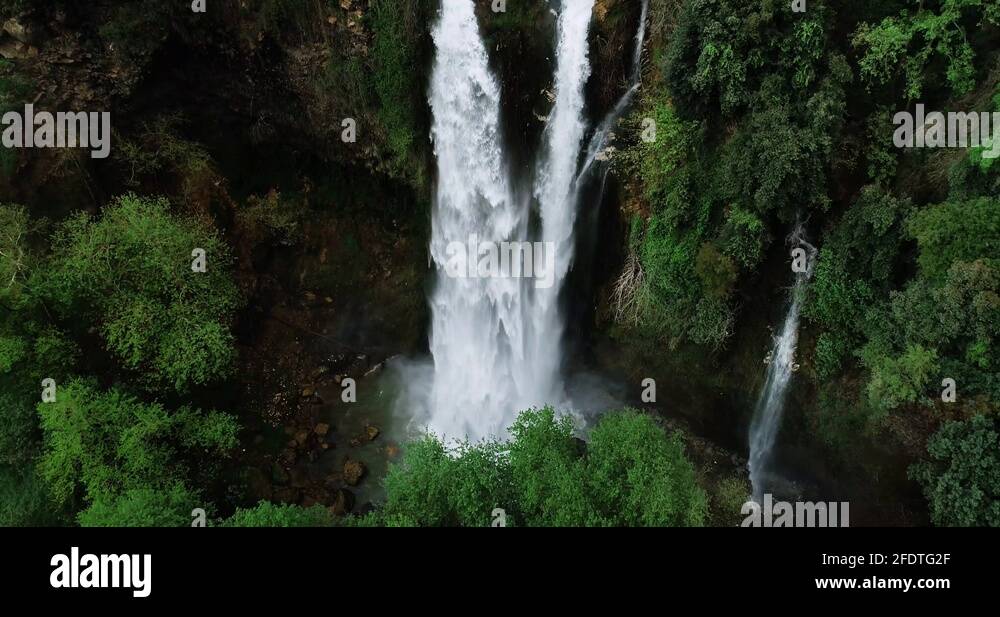 Kfarhelda Waterfall in Lebanon, Backwards, Tilt Up, Mountain and Trees ...
