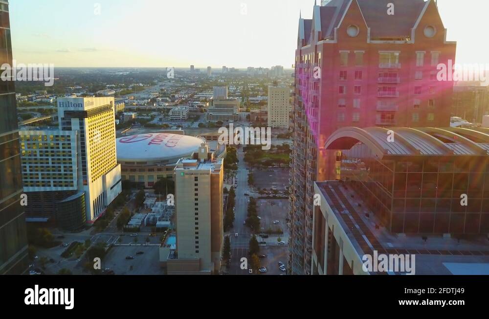 Drone Sunset Aerial View of Toyota Center, First City Tower and Hilton ...