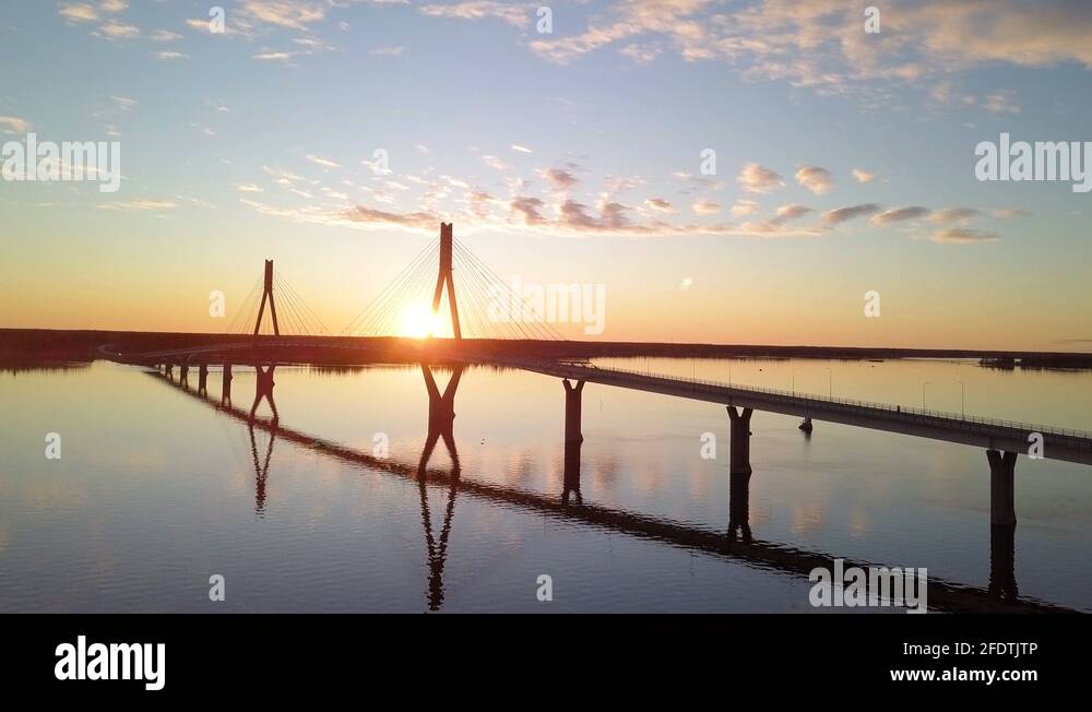 Epic sunset aerial flight of Replot bridge in Korsholm Finland Stock ...