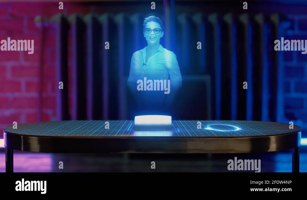 Modern technologies.Hologram of a talking business woman.Turn off the ...