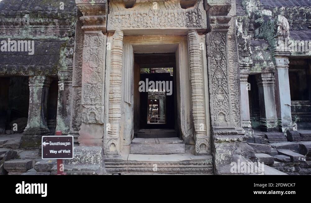 Signboard by entrance at damaged famous ancient Hindu temple against ...