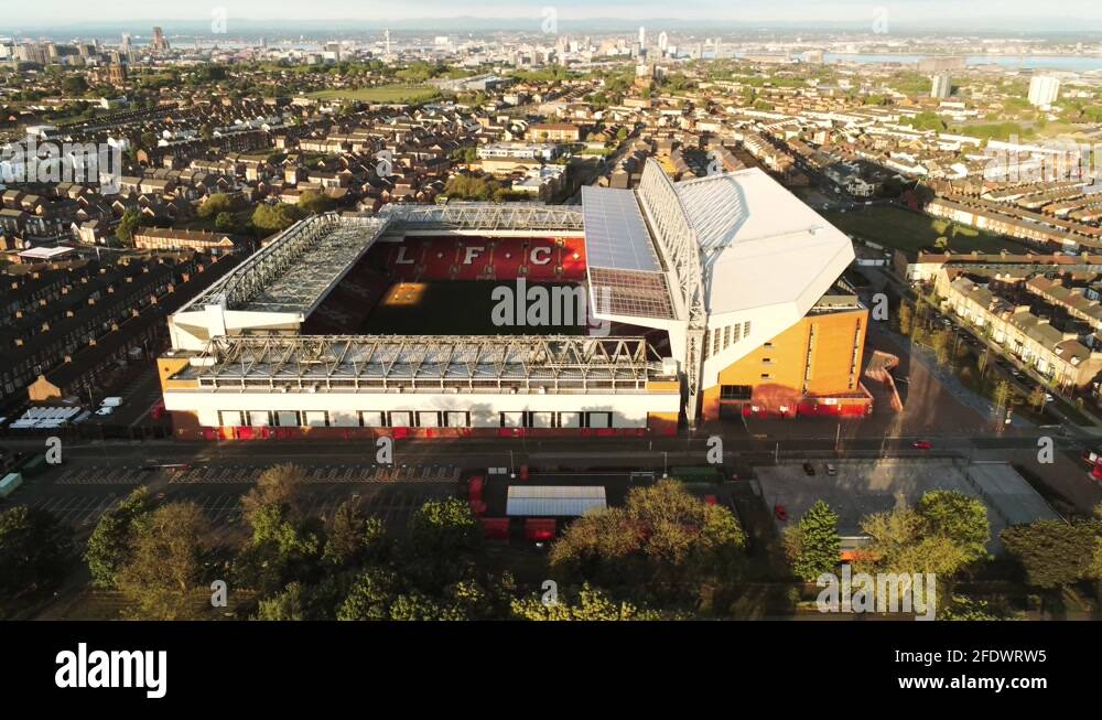 Iconic Liverpool LFC Anfield stadium football ground aerial view rising ...