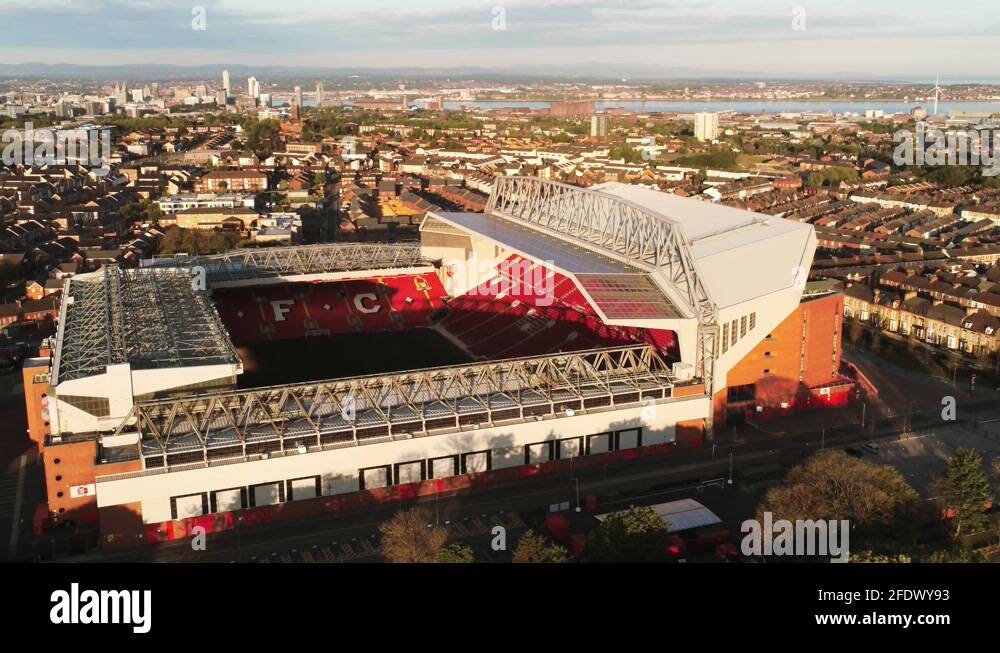 Iconic Liverpool Anfield football stadium ground at sunrise aerial view ...