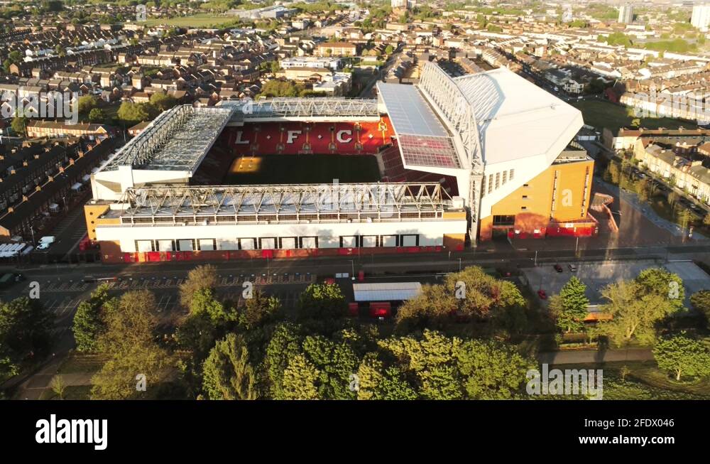 Iconic Liverpool Anfield football stadium ground at sunrise aerial view ...