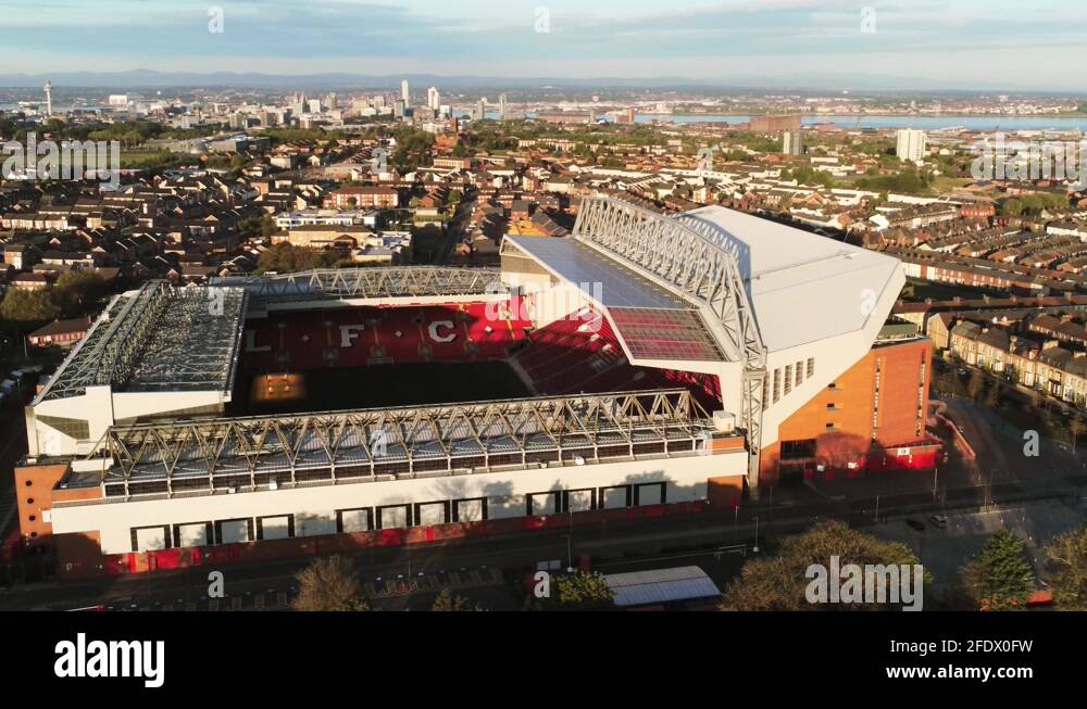 Iconic Liverpool Anfield football stadium ground at sunrise aerial view ...