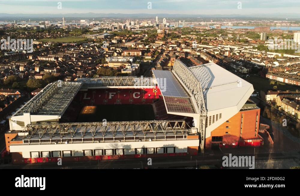 Iconic Liverpool Anfield football stadium ground at sunrise aerial view ...