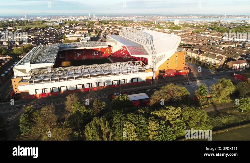 Iconic Liverpool Anfield LFC stadium football ground aerial orbit left ...