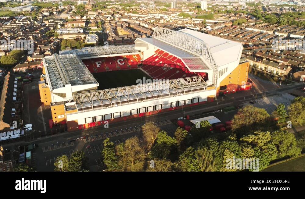 Iconic Liverpool LFC Anfield stadium football ground aerial view slow ...