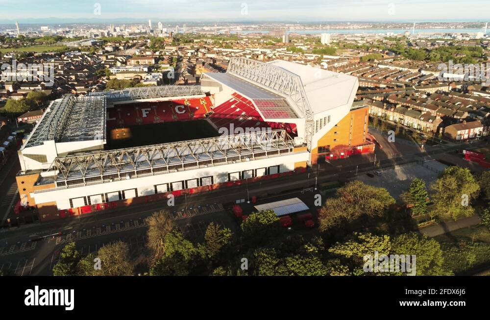 Iconic LFC Liverpool Anfield football club ground stadium aerial view ...