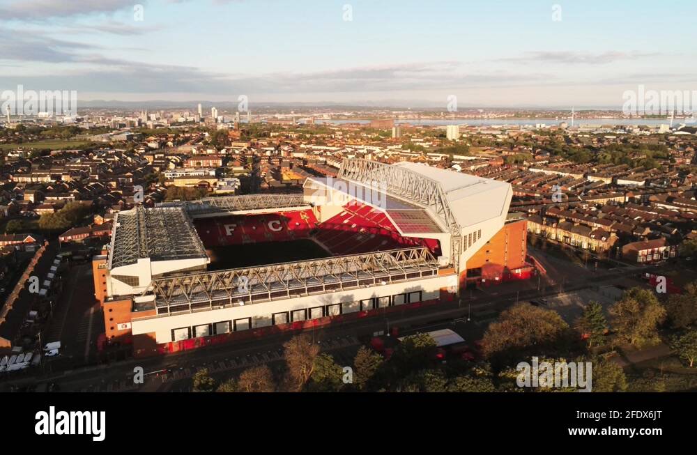 Iconic Liverpool Anfield football stadium ground at sunrise aerial view ...