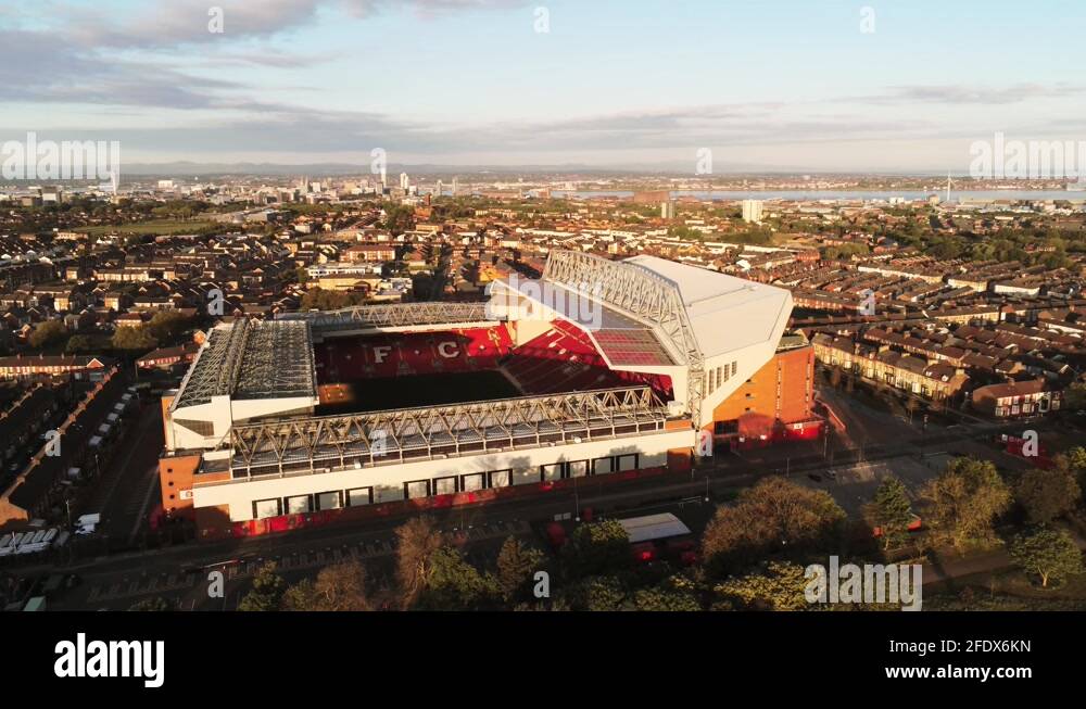 Iconic Liverpool Anfield football stadium ground at sunrise aerial view ...