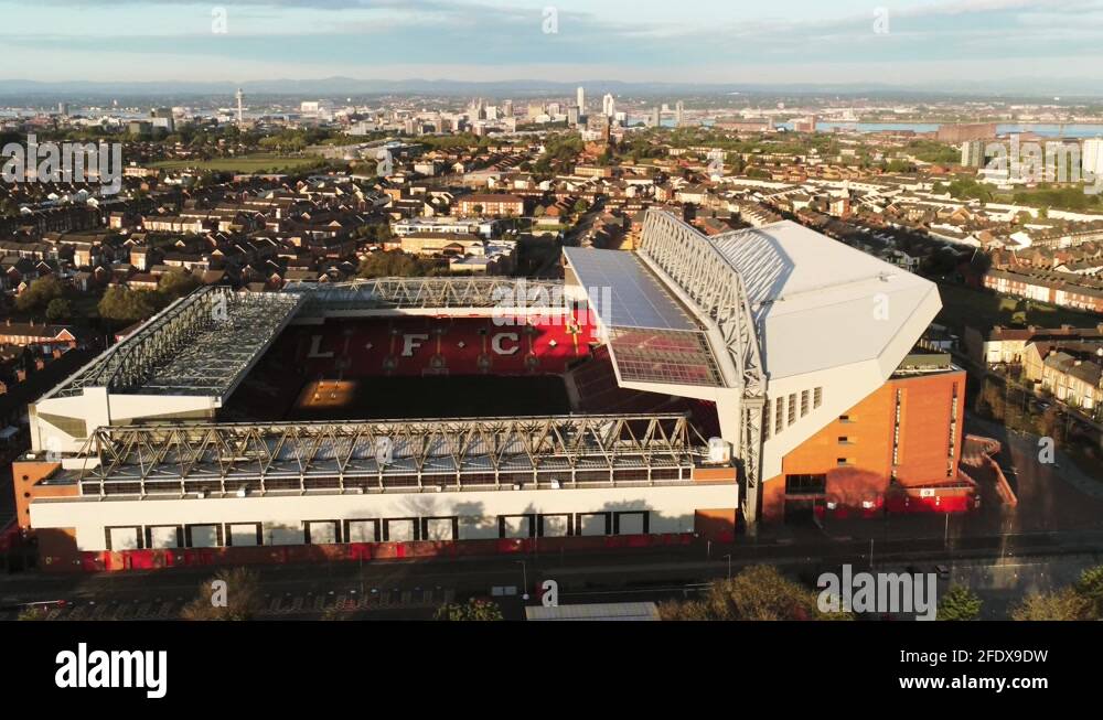 Iconic Liverpool Anfield football stadium ground at sunrise aerial view ...