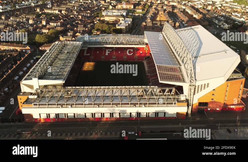 Iconic Liverpool Anfield football stadium ground at sunrise aerial view ...