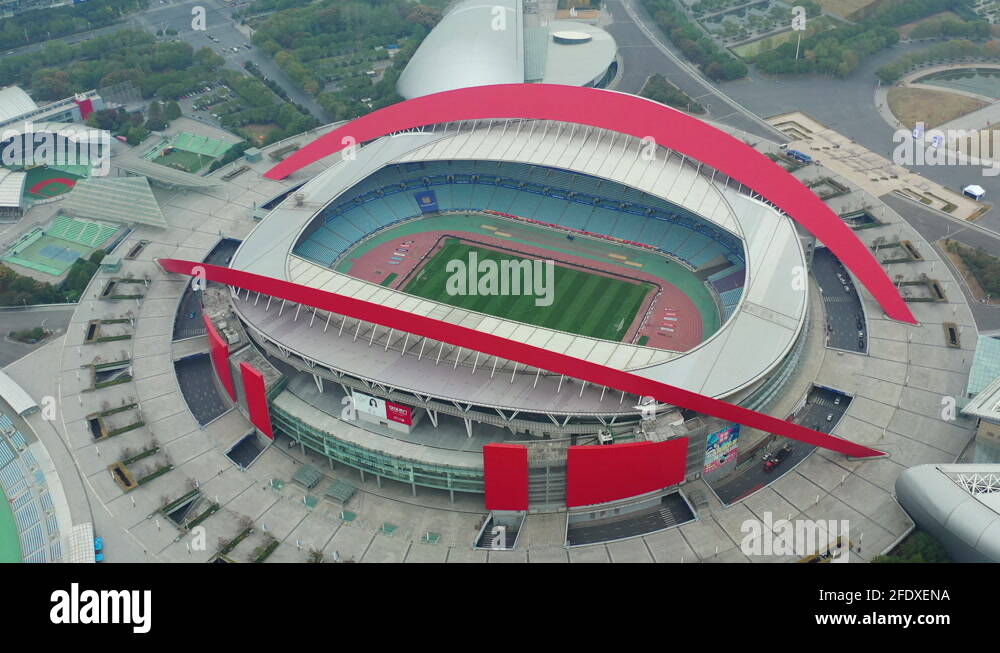 cloudy day nanjing city famous sport stadium aerial topdown panorama 4k ...