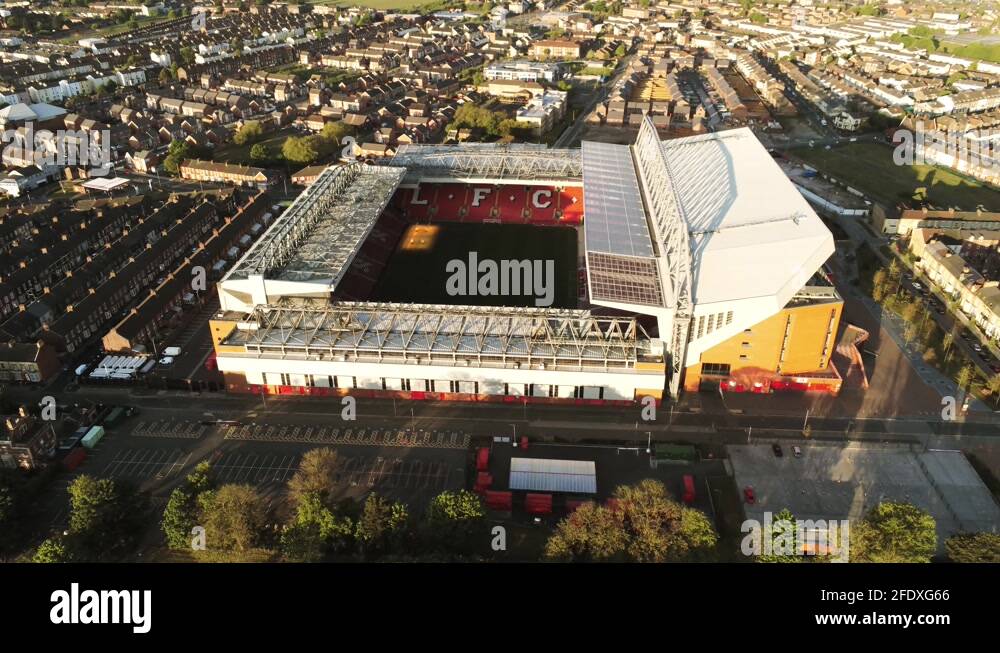 Iconic LFC Liverpool Anfield football club ground stadium aerial slow ...