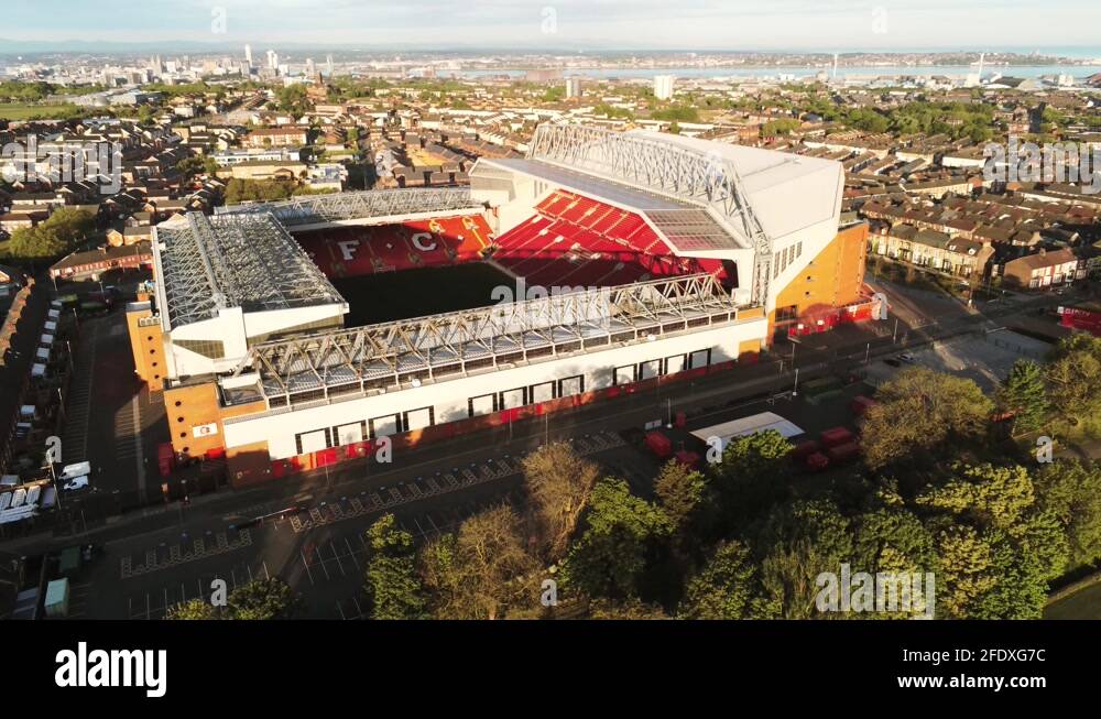 Iconic LFC Liverpool Anfield football club ground stadium aerial view ...