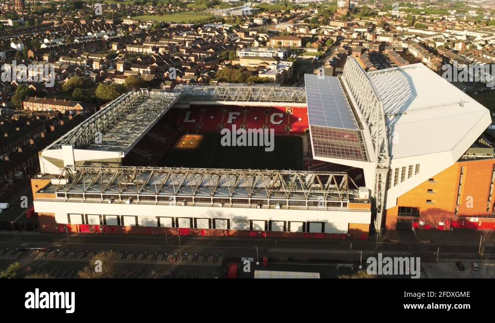 Iconic LFC Liverpool Anfield football club ground stadium aerial view ...