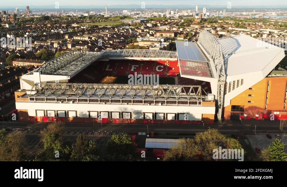 Iconic LFC Liverpool Anfield football club ground stadium aerial view ...