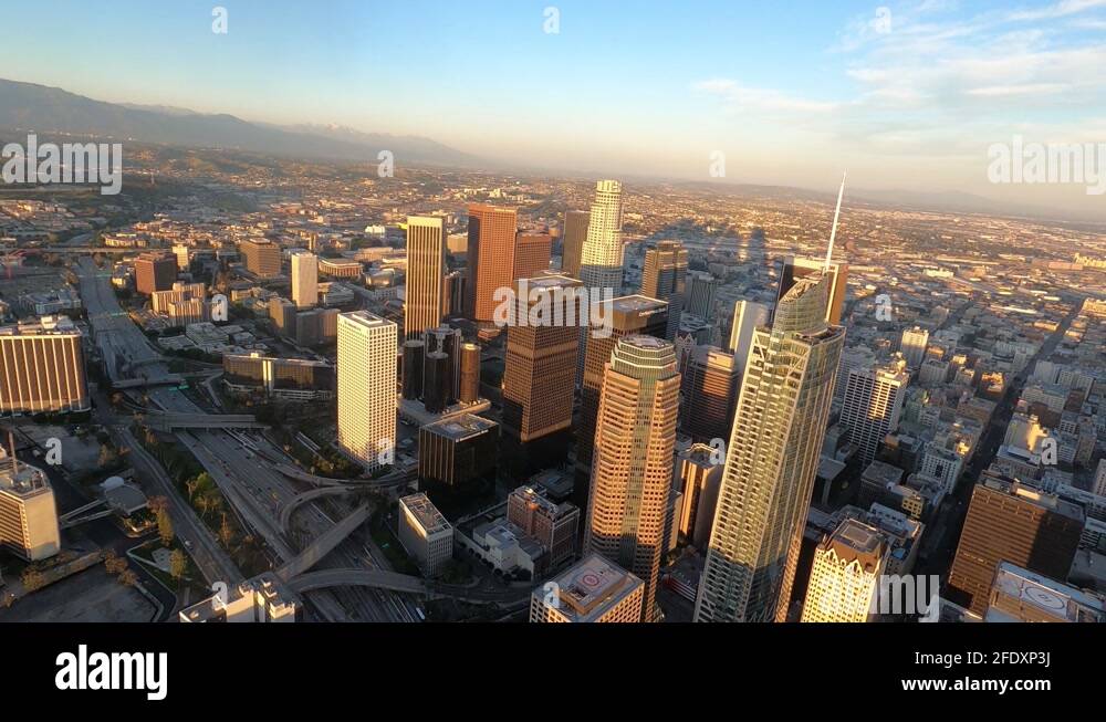 Cinematic Sunset Flyover Aerial View of Downtown Los Angeles Stock ...